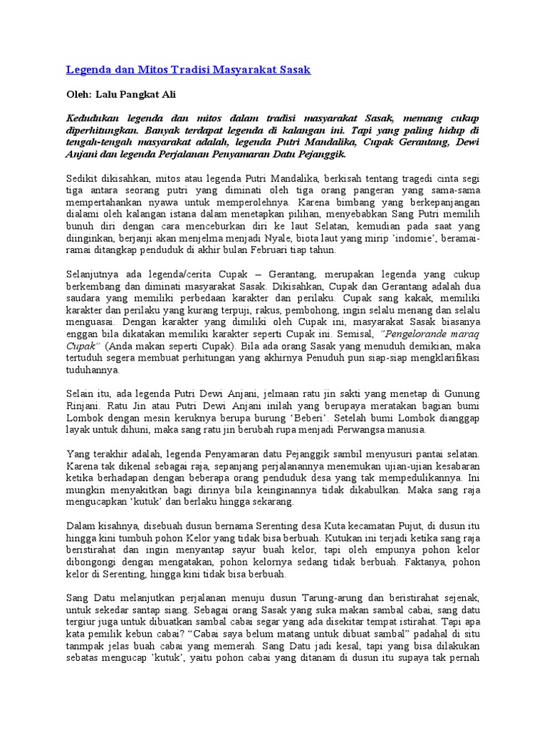 Legenda Mitos Sasak: Putri Mandalika & Lainnya | PDF | Sejarah