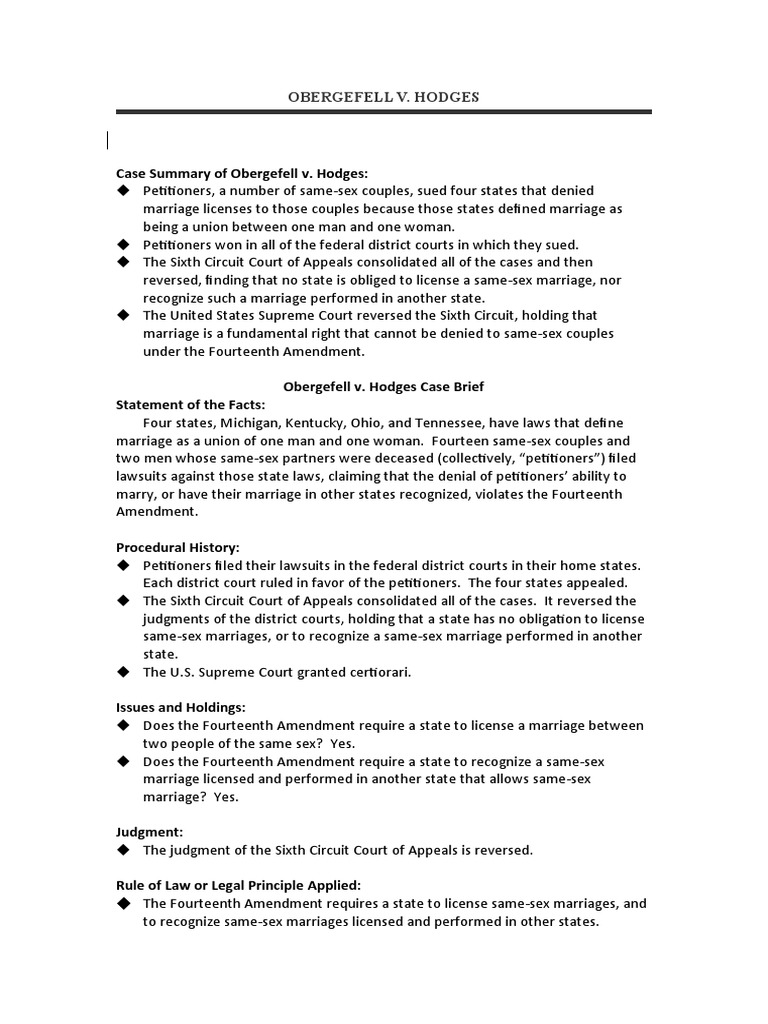 Case Summary of Obergefell v. Hodges | PDF | Obergefell V. Hodges ...