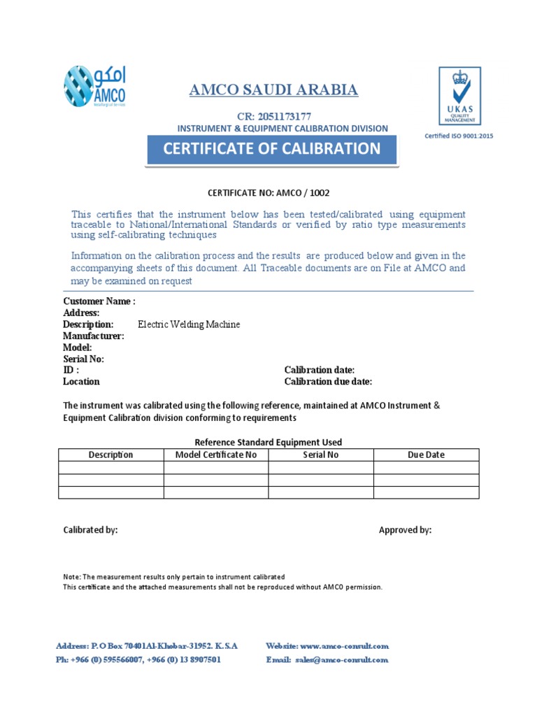 CERTIFICATE NO 2 Electric Welding Machine | PDF | Calibration ...