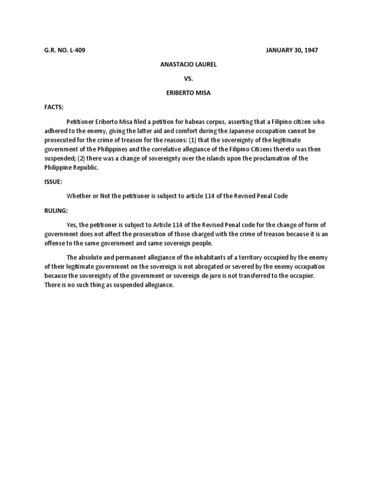 Anastacio Laurel vs. Eriberto Misa G.R. No. L-409 January 30, 1947 | PDF