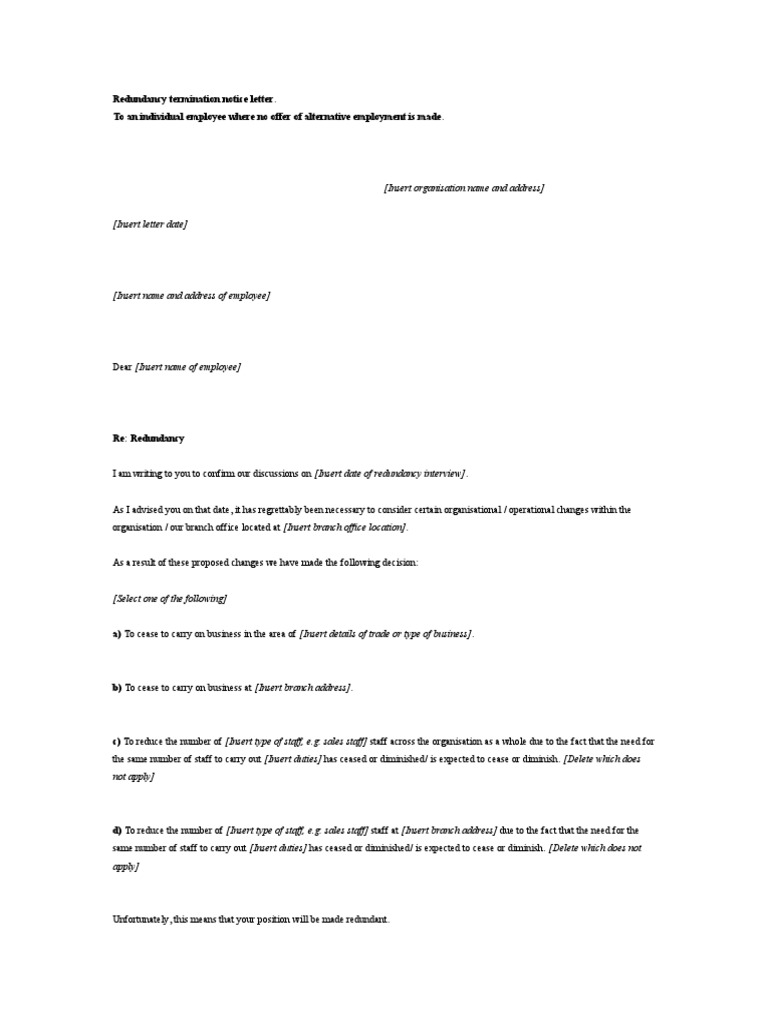 Redundancy Termination Notice Letter MS Word Format | PDF | Payments ...