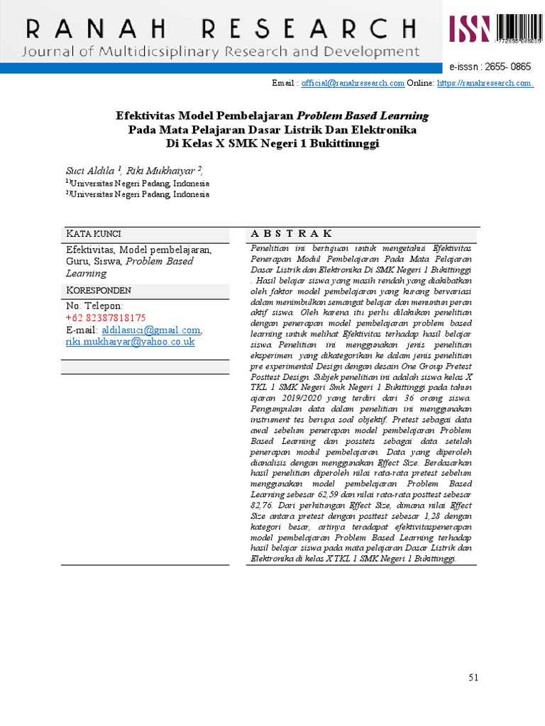 Efektivitas Model Pembelajaran Problem Based Learning Pada Mata ...