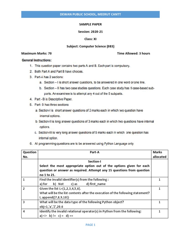 Sample Paper Class Xi Computer Science Pdf Control Flow Python Programming Language