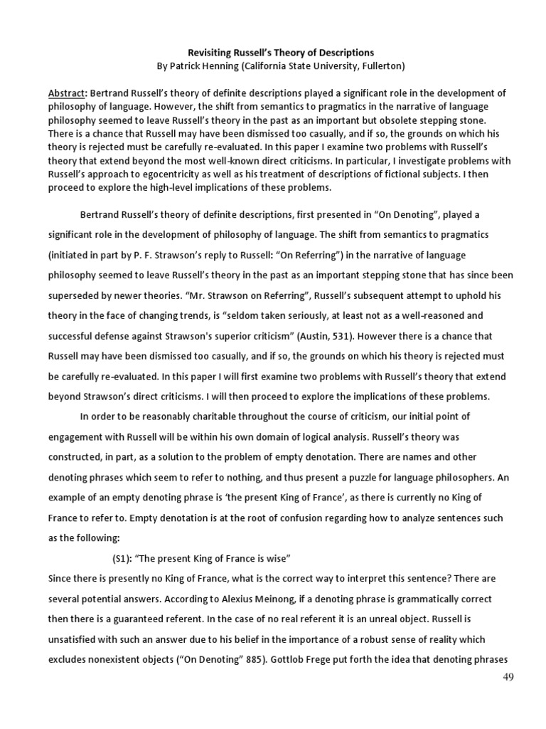 Revisiting Russells Theory of Descriptions | PDF | Interpretation (Logic) | Truth