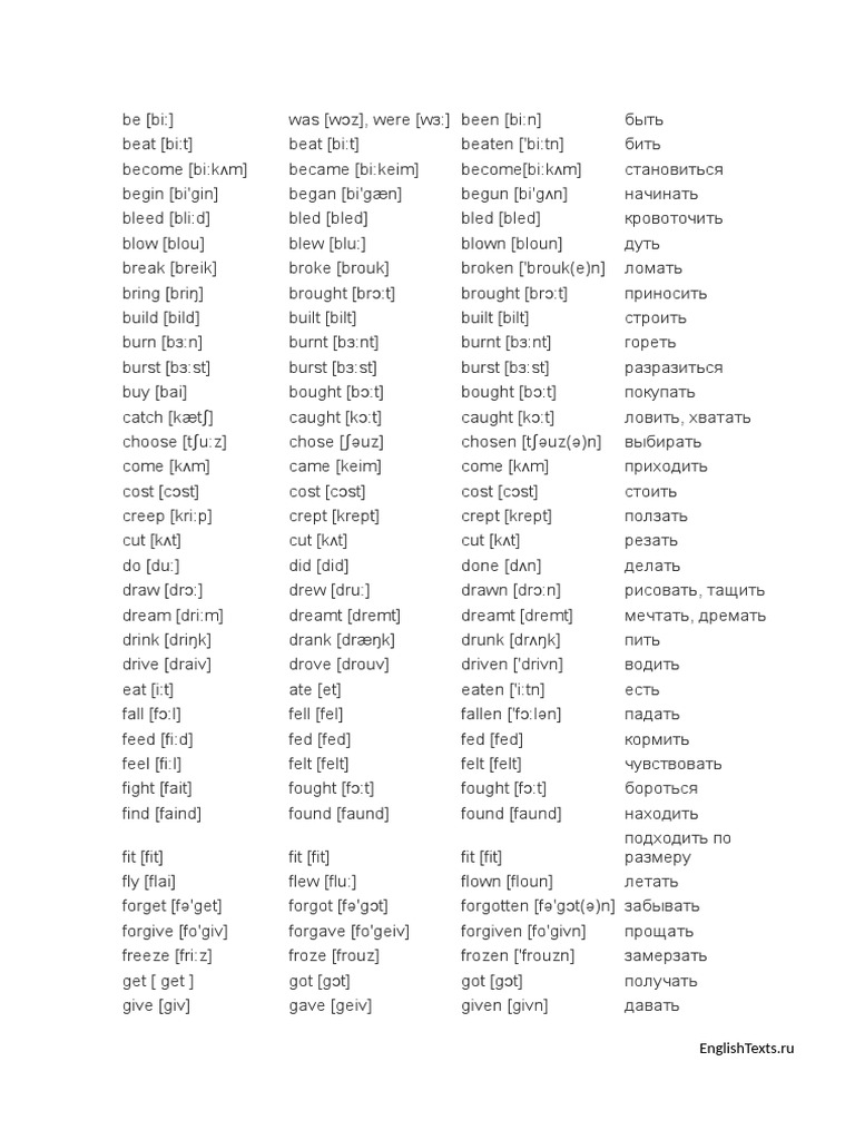 Tablitsa Nepravilnyih Glagolov | PDF