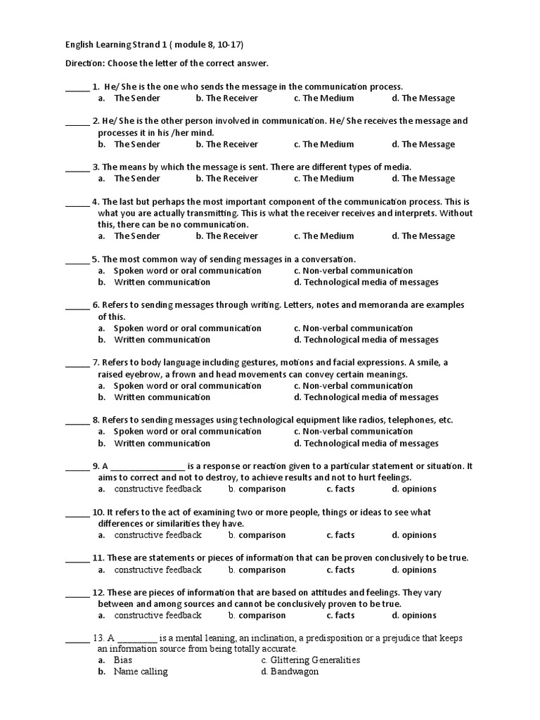 English Learning Strand 1 (Module 8,10-17) | PDF | Communication ...