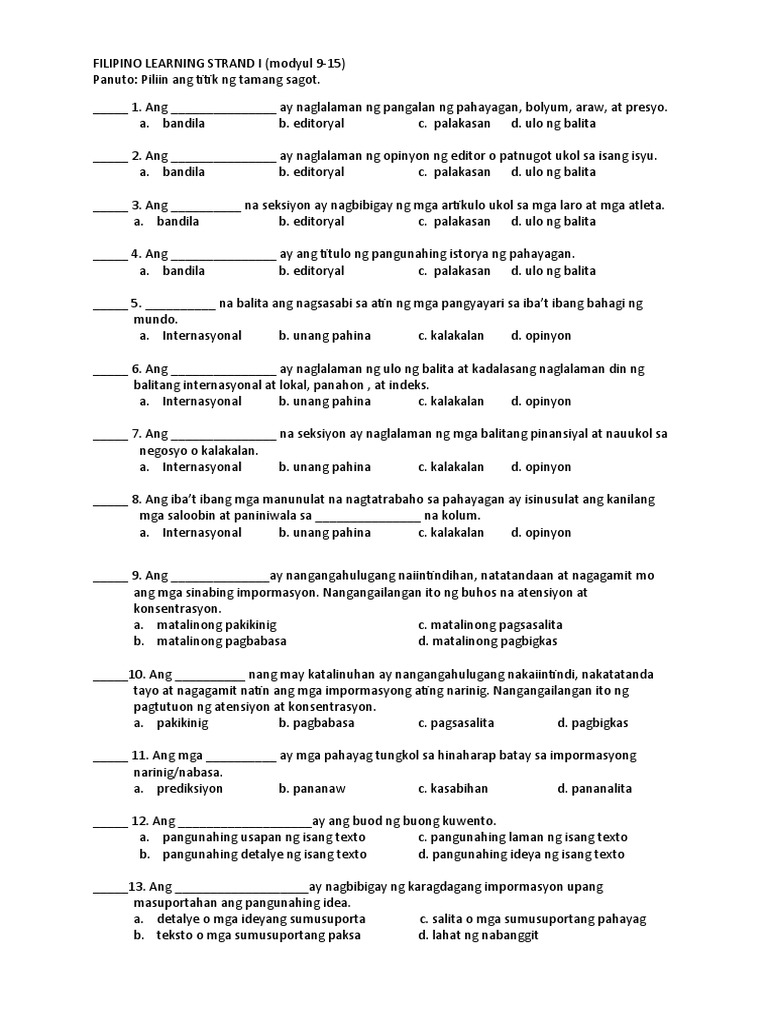 Filipino Learning Strand 1 (Modyul 9-15)