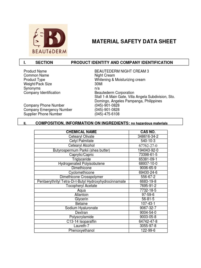 MSDS Beautederm Night Cream 3 | PDF | Personal Protective Equipment | Water