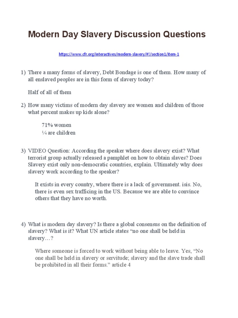 Modern Day Slavery Discussion Questions | PDF | Slavery | Human Trafficking