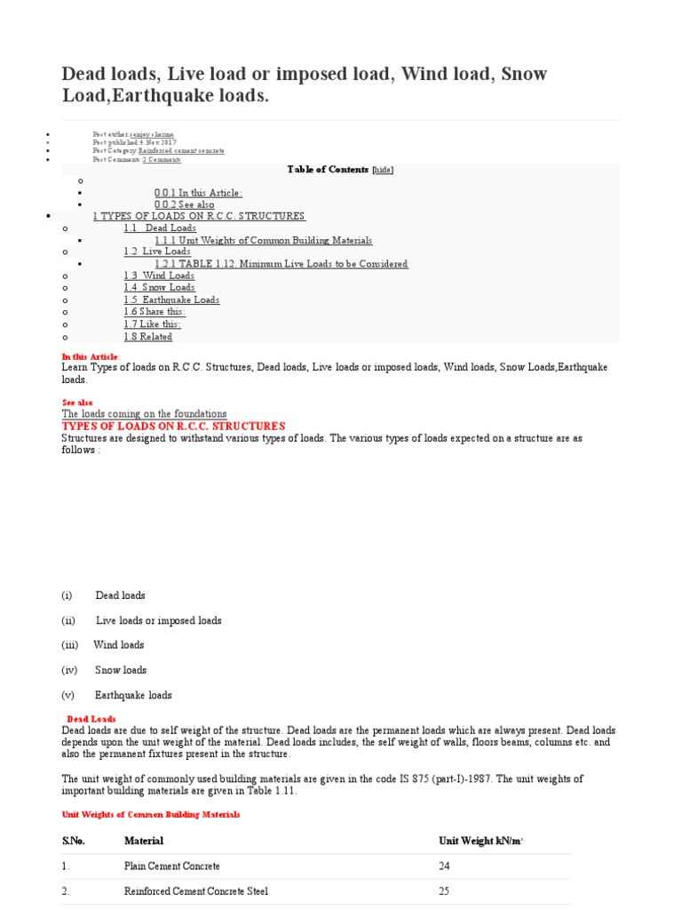 Dead Loads, Live Loads | PDF | Structural Load | Mortar (Masonry)