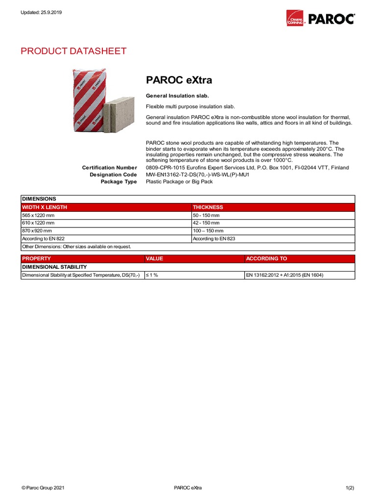 Paroc Extra: Product Datasheet | PDF | Thermal Insulation | Building ...