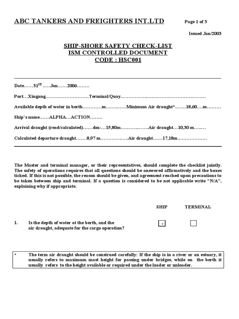 Abc Tankers and Freighters Int - LTD: Ship-Shore Safety Check-List Ism ...