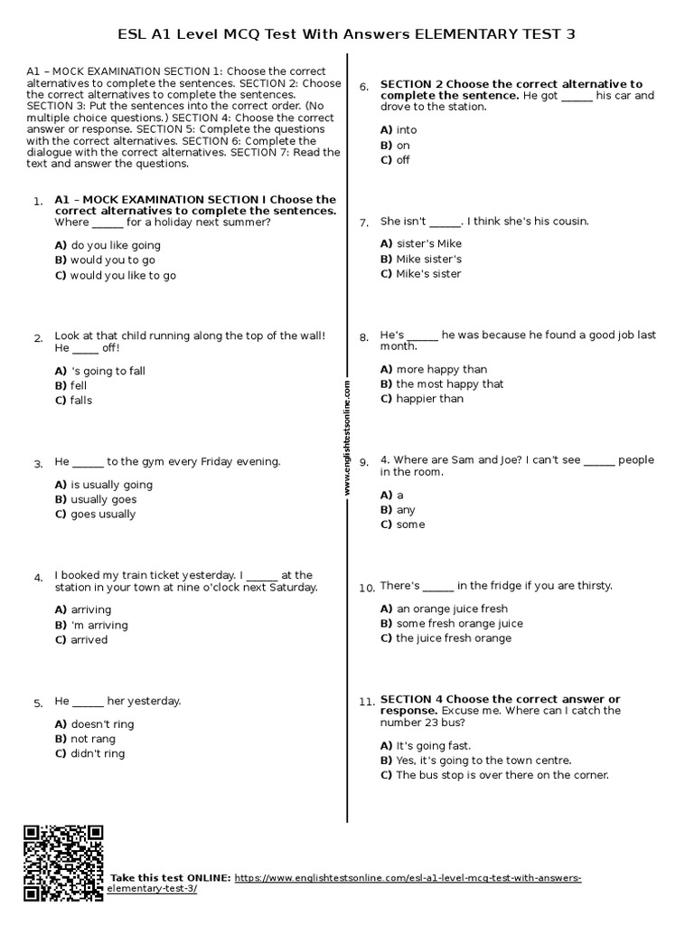 676 - Esl A1 Level MCQ Test With Answers Elementary Test 3 | PDF ...