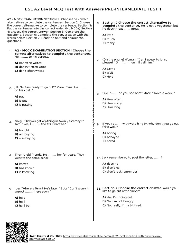 677 - Esl A2 Level MCQ Test With Answers Pre Intermediate Test 1 | PDF ...