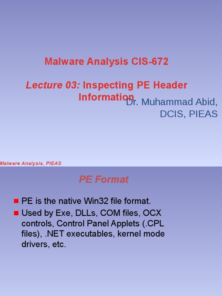 Malware Analysis CIS-672: Lecture 03: Inspecting PE Header | PDF ...