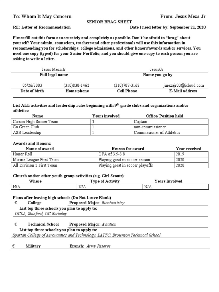 Senior Brag Sheet | PDF | Schools