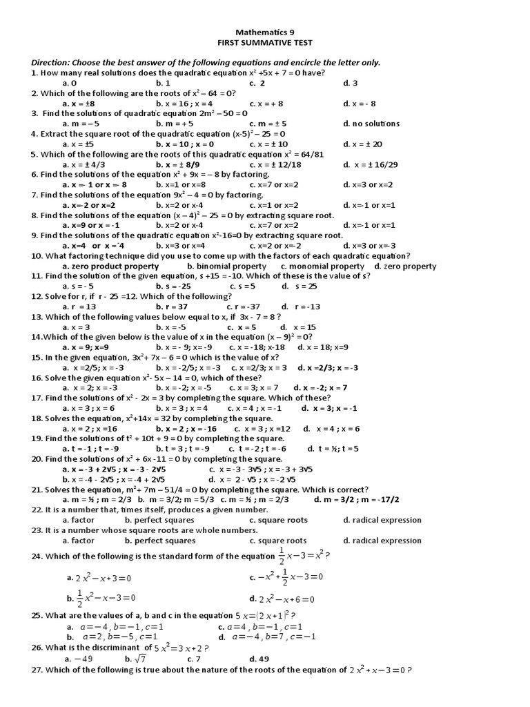 Math 9 2nd Summative With Key | PDF | Quadratic Equation | Equations