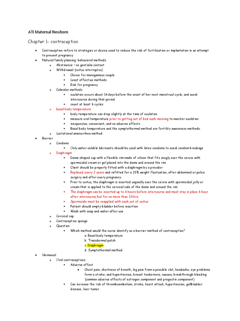 ATI Maternal Newborn Chapter 1-Contraception | PDF | Birth Control ...