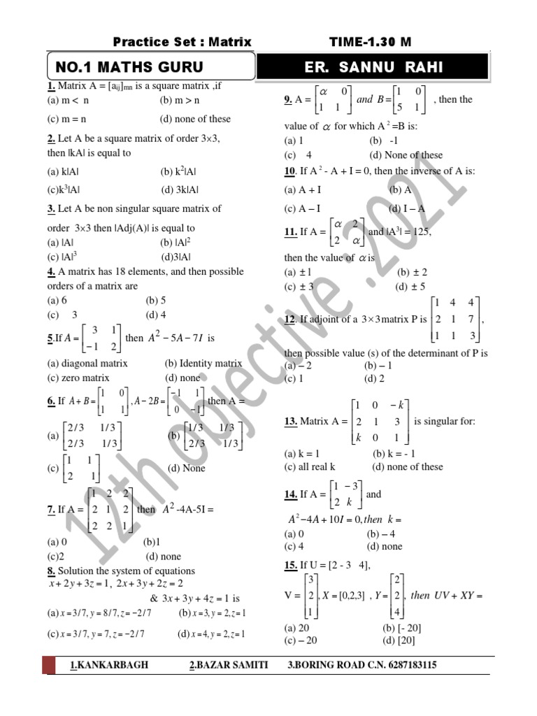 No.1 Maths Guru: Practice Set: Matrix TIME-1.30 M | PDF | Matrix (Mathematics) | Algebra