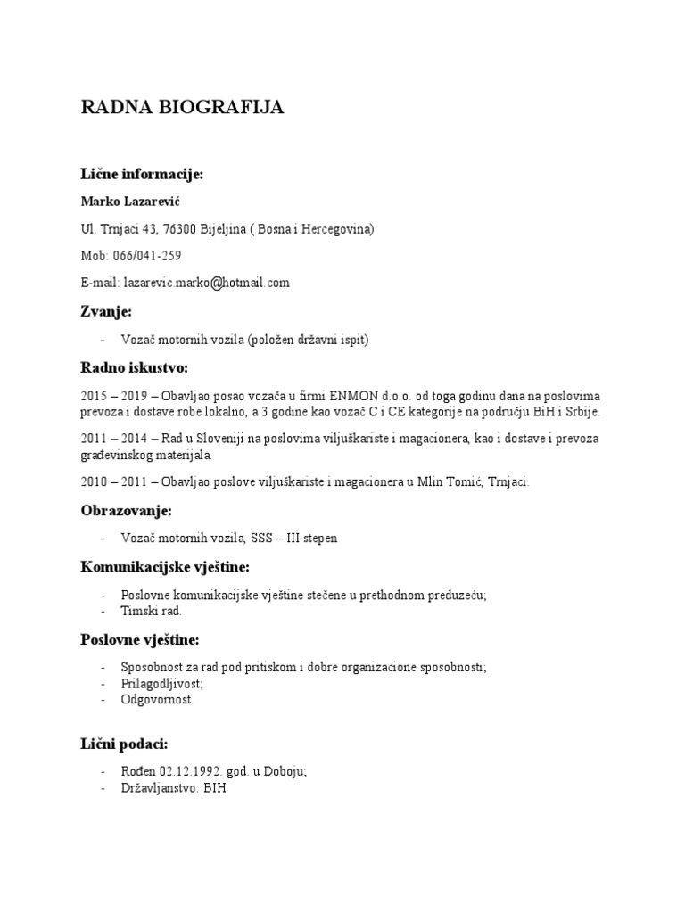 Radna Biografija: Lične Informacije | PDF