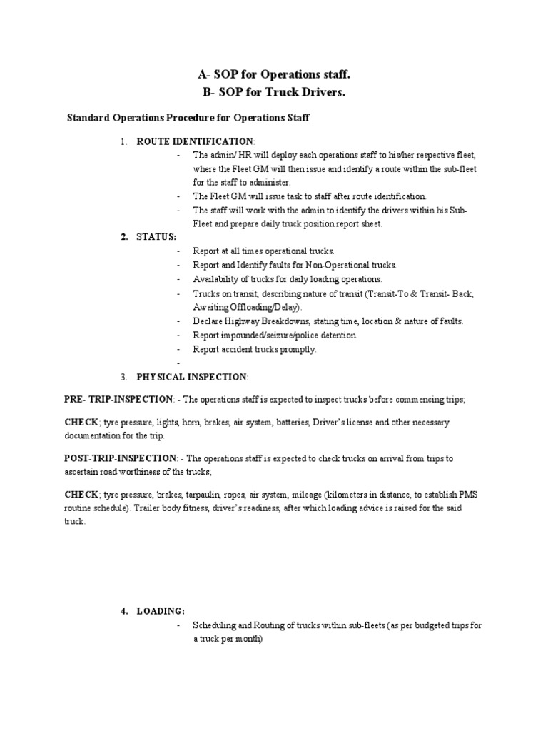SOP For Transport Operations Staff | Download Free PDF | Truck Driver ...