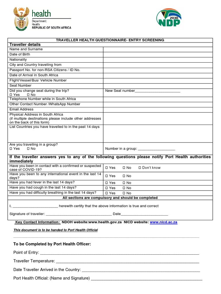 Traveller Details: Traveller Health Questionnaire-Entry Screening | PDF ...