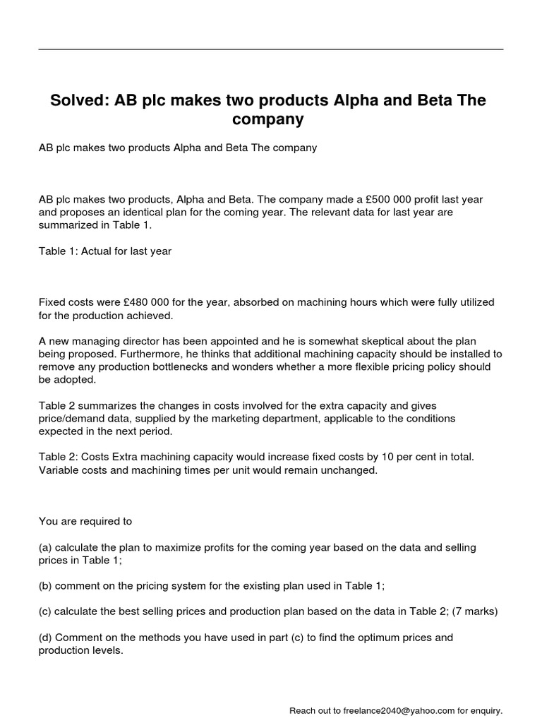 Ab PLC Makes Two Products Alpha and Beta The Company | PDF