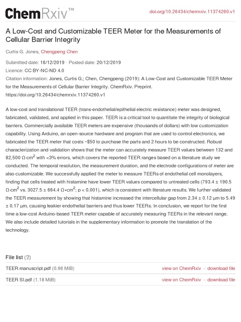 A Low-Cost and Customizable TEER Meter For The Measurements of Cellular ...