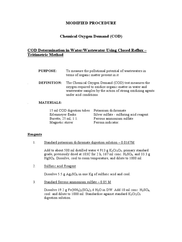 COD Determination in Water Wastewater Sing Clodes Reflux Titrimettric ...