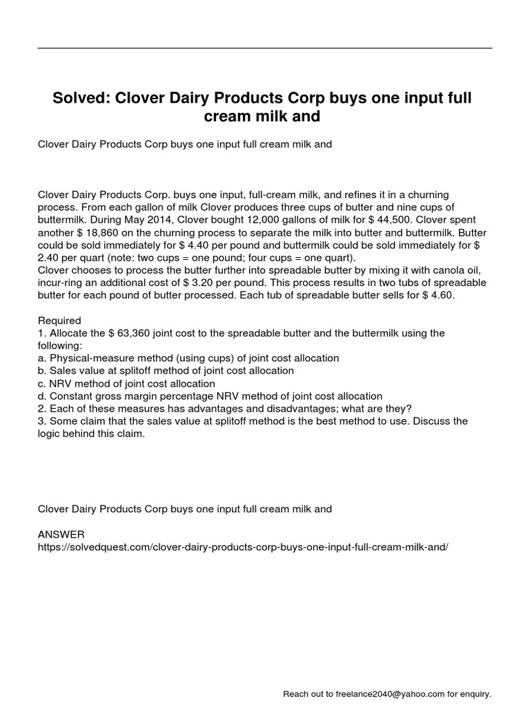 Clover Dairy Products Corp Buys One Input Full Cream Milk and | PDF ...