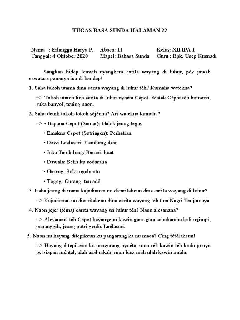 Tugas Basa Sunda Halaman 22 Erlangga Xii Ipa 1 | PDF