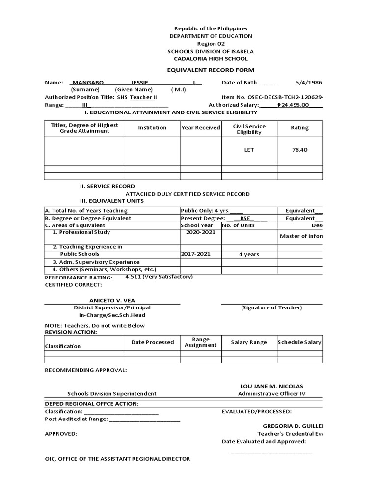 Teacher's Equivalent Record Form | PDF | Academic Degree | Vocational Education