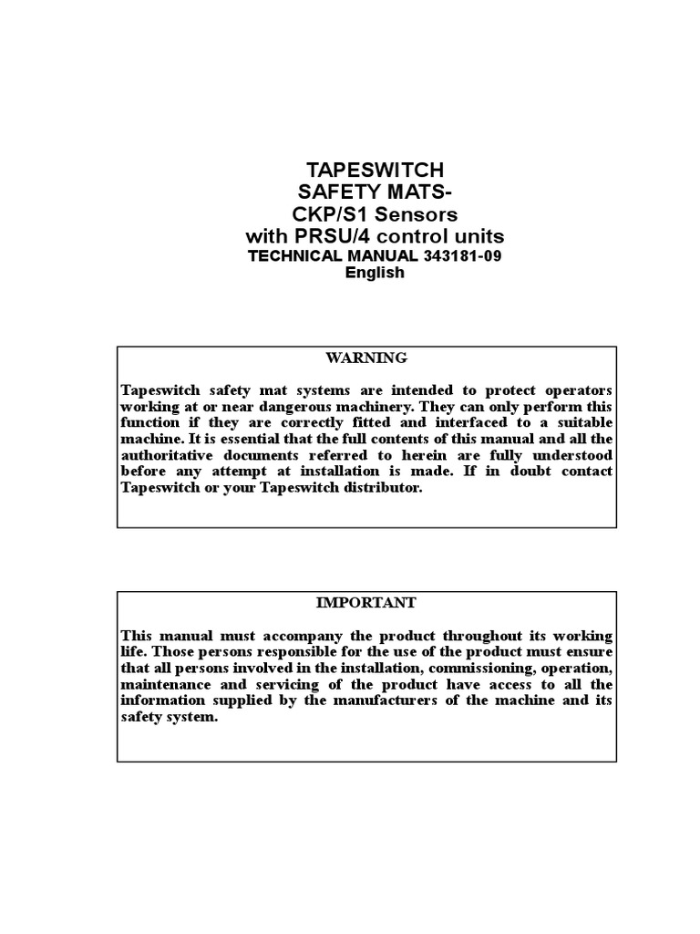 Tapeswitch Safety Mats-CKP/S1 Sensors With PRSU/4 Control Units | PDF ...