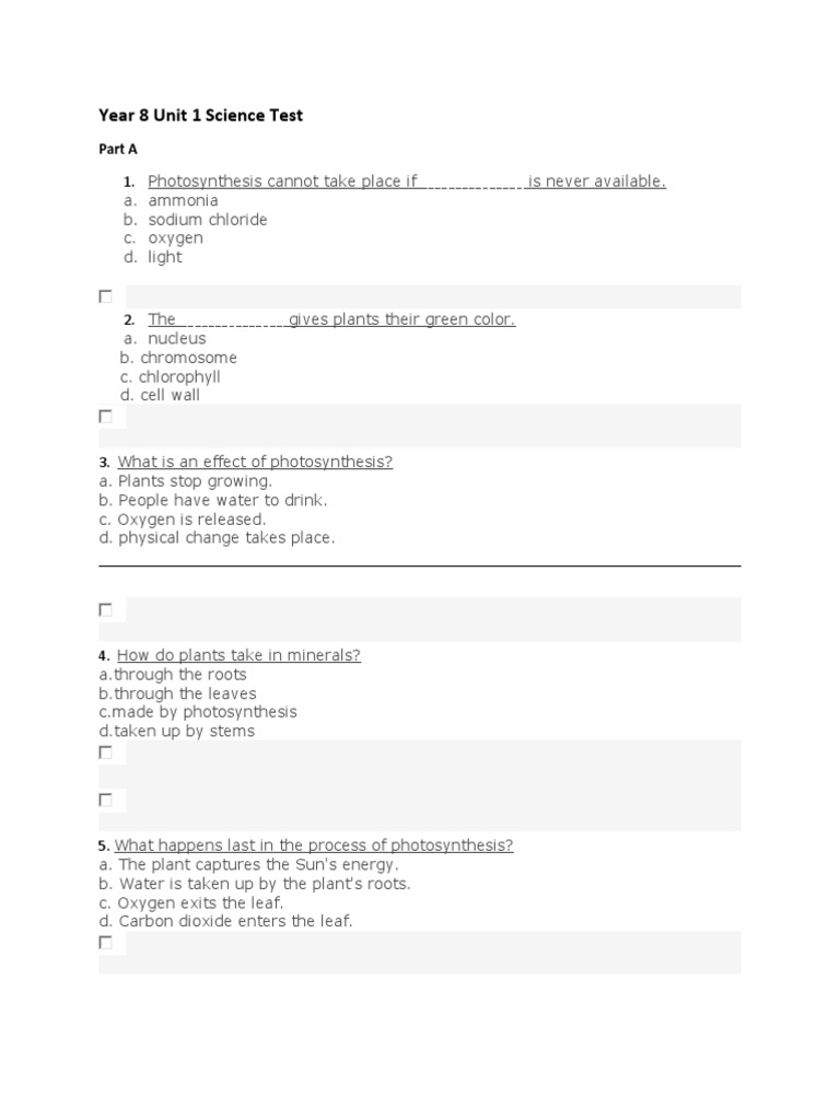 Yr 8 Unit 1 Science Tests Plants - Photosynthesis Part A | PDF