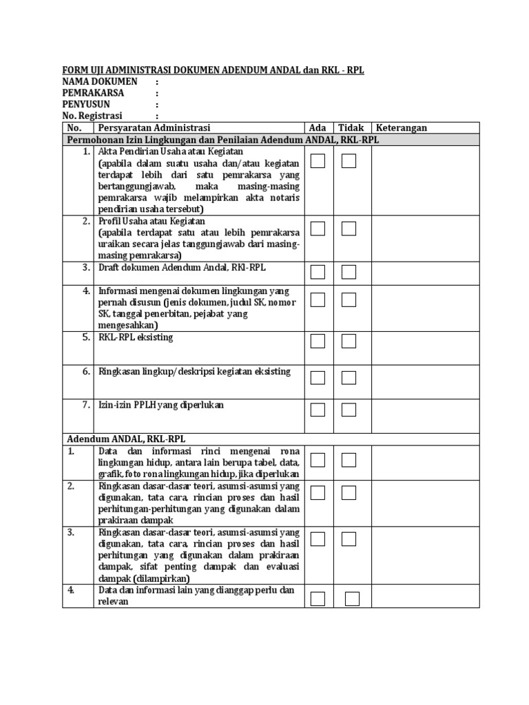 Form Uji Administrasi Dokumen Adendum Andal Dan RKL | PDF