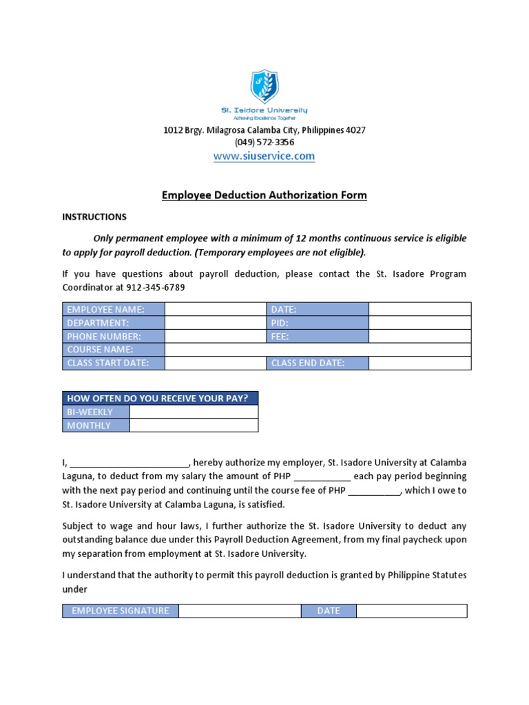 Employee Deduction Authorization Form: Instructions | PDF
