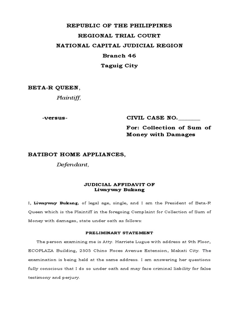 Judicial Affidavit Collection of Sum of Money | PDF | Affidavit ...