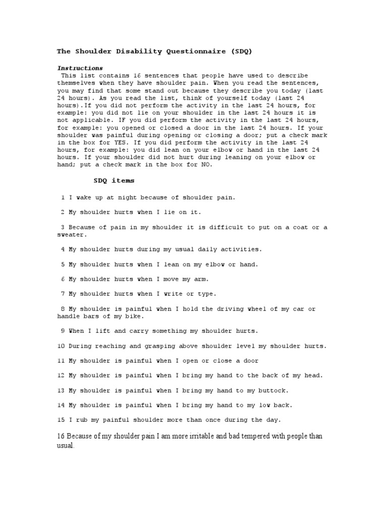 The Shoulder Disability Questionnaire (SDQ) : Instructions | PDF