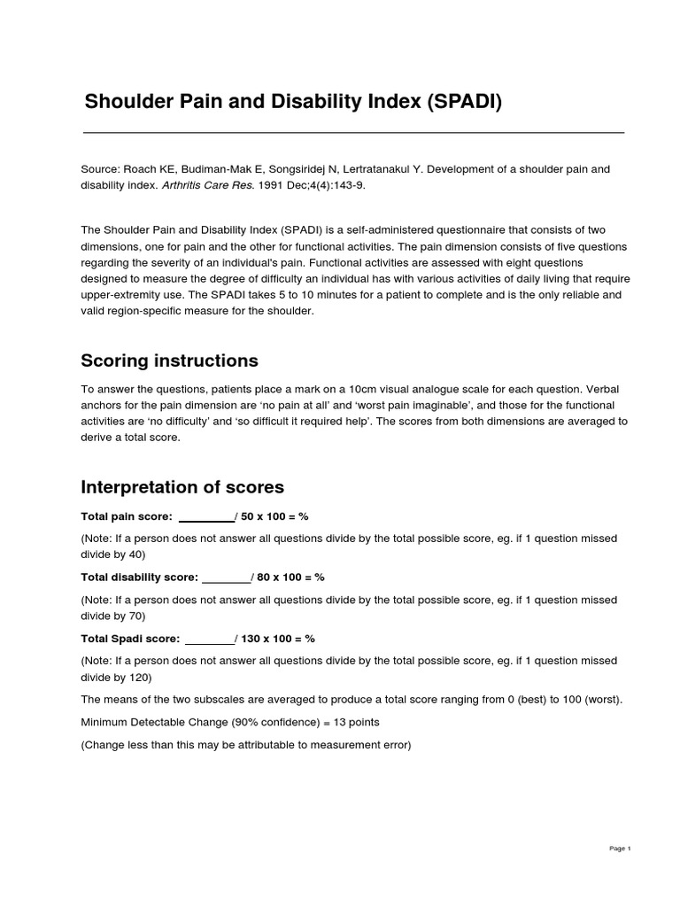 Shoulder Pain Disability Index Guide | PDF | Pain | Psychology