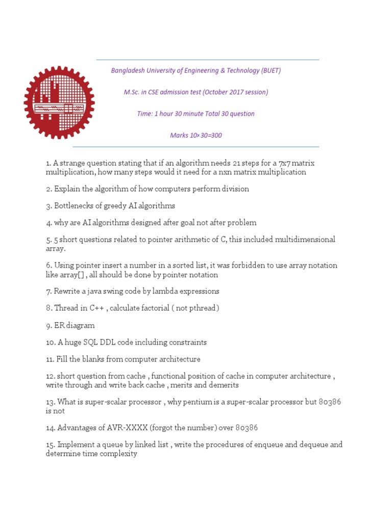 BUET CSE MSC October 2017 | PDF | Algorithms | Matrix (Mathematics)