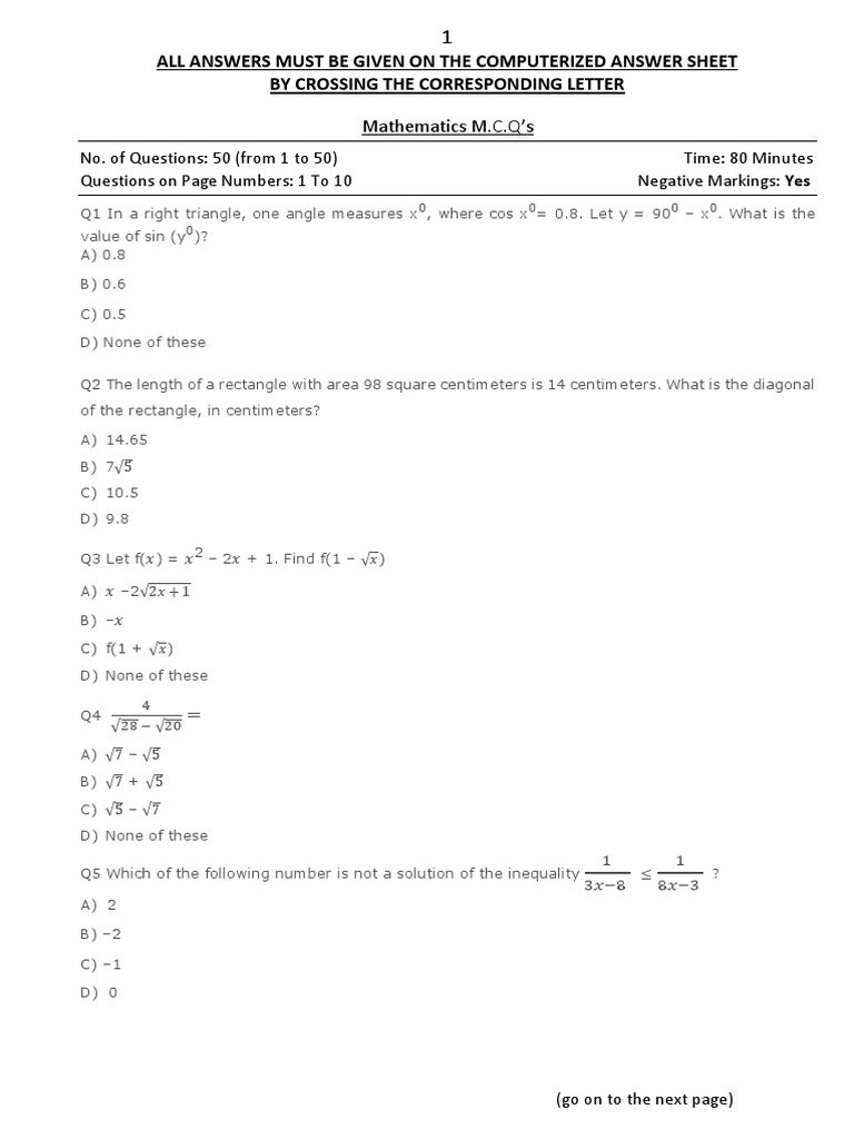 All Answers Must Be Given On The Computerized Answer Sheet by Crossing ...