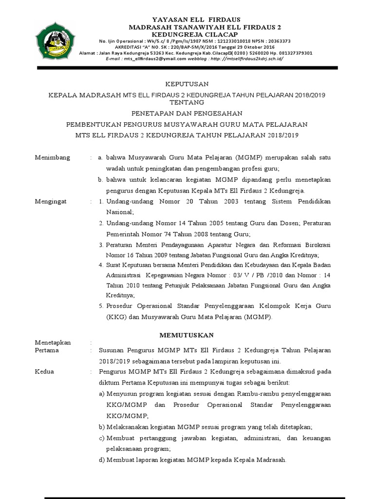 Pengurus MGMP MTs Ell Firdaus 2018/2019 | PDF