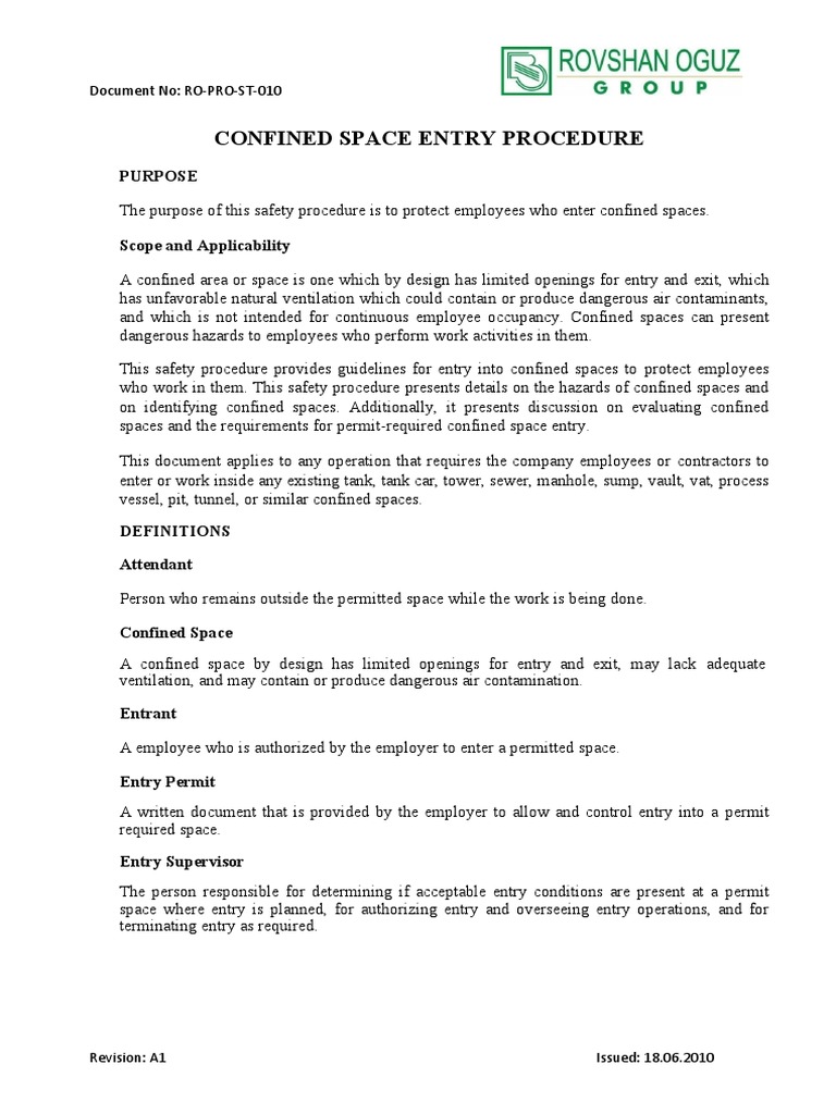 Confined Space Entry Procedure | PDF | Working Conditions | Workplace
