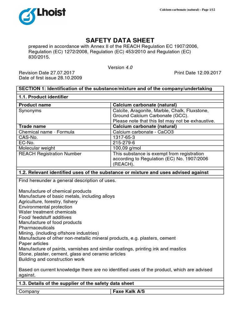 Calcium Carbonate MSDS | PDF | Toxicity | Waste