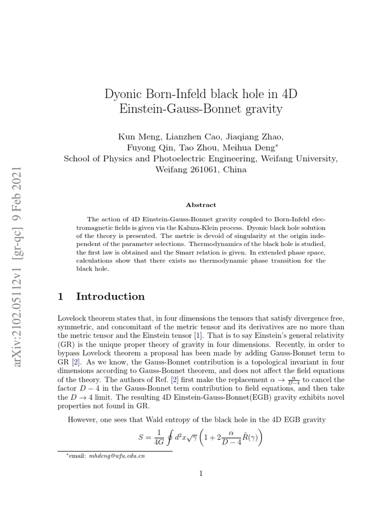 Dyonic Born-Infeld Black Hole in 4D Einstein-Gauss-Bonnet Gravity | PDF | Black Hole | Dimension