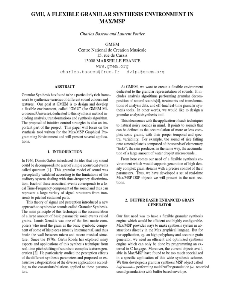 Gmu, A Flexible Granular Synthesis Environment in Max:Msp | PDF | Synthesizer | Sound