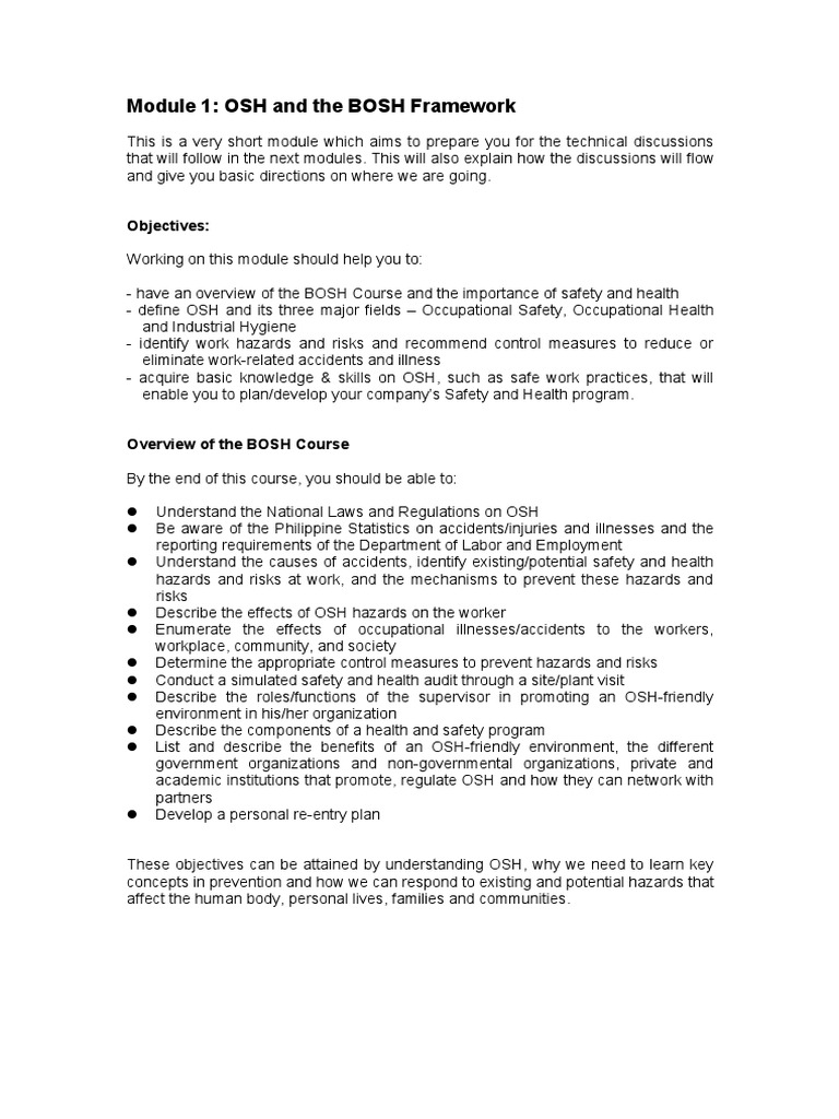 BOSH Module 1 | PDF | Occupational Safety And Health | Labor Relations