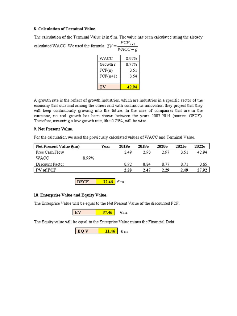 Calculation of Terminal Value.: TV FCF WACC G | Download Free PDF | Net ...