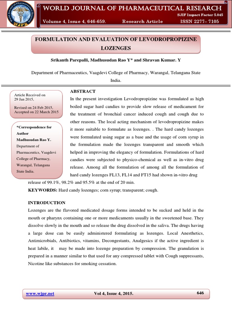 Levodropropizine Lozenges Formulation | PDF | Tablet (Pharmacy ...