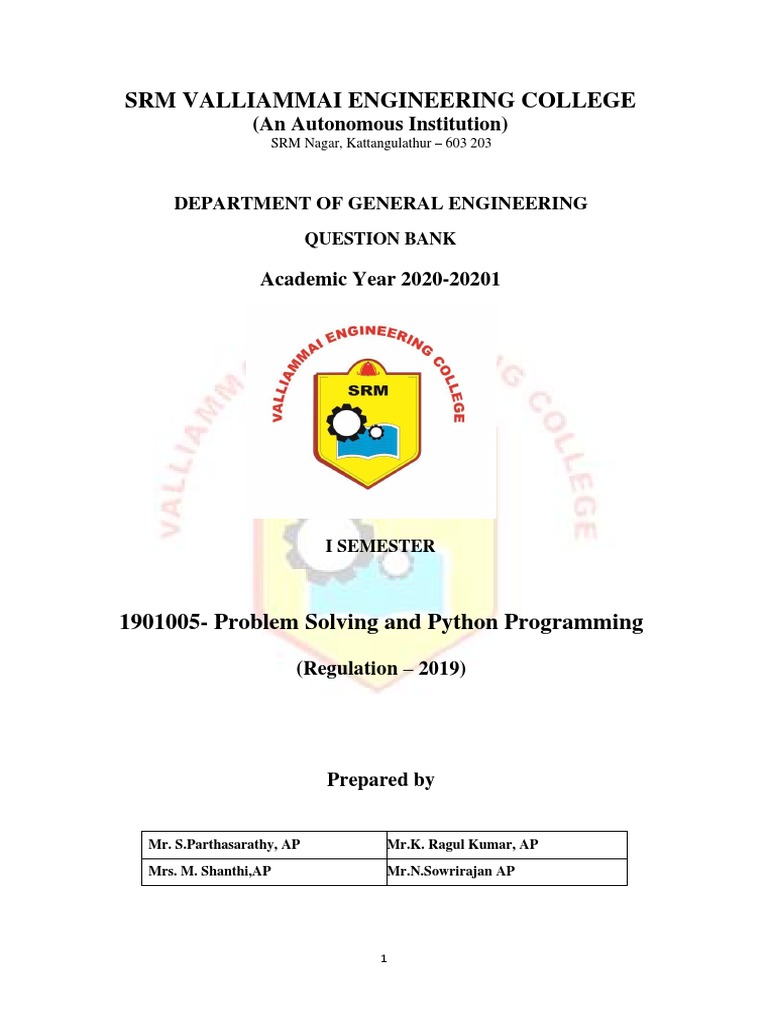 1901005 Problem Solving And Python Programming Pdf Control Flow Parameter Computer 